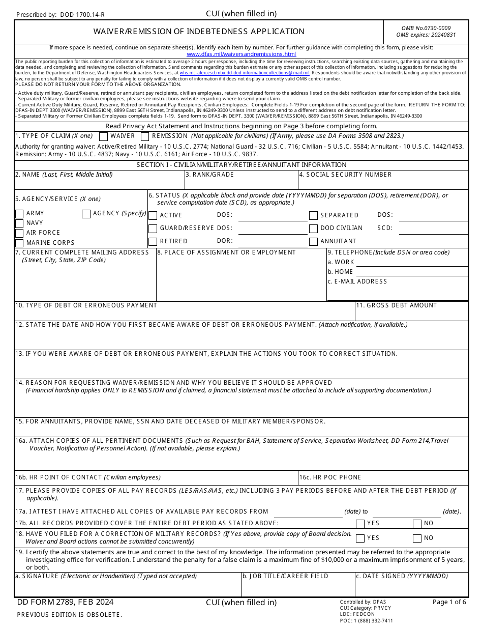 DD Form 2789 Download Fillable PDF or Fill Online Waiver/Remission of ...