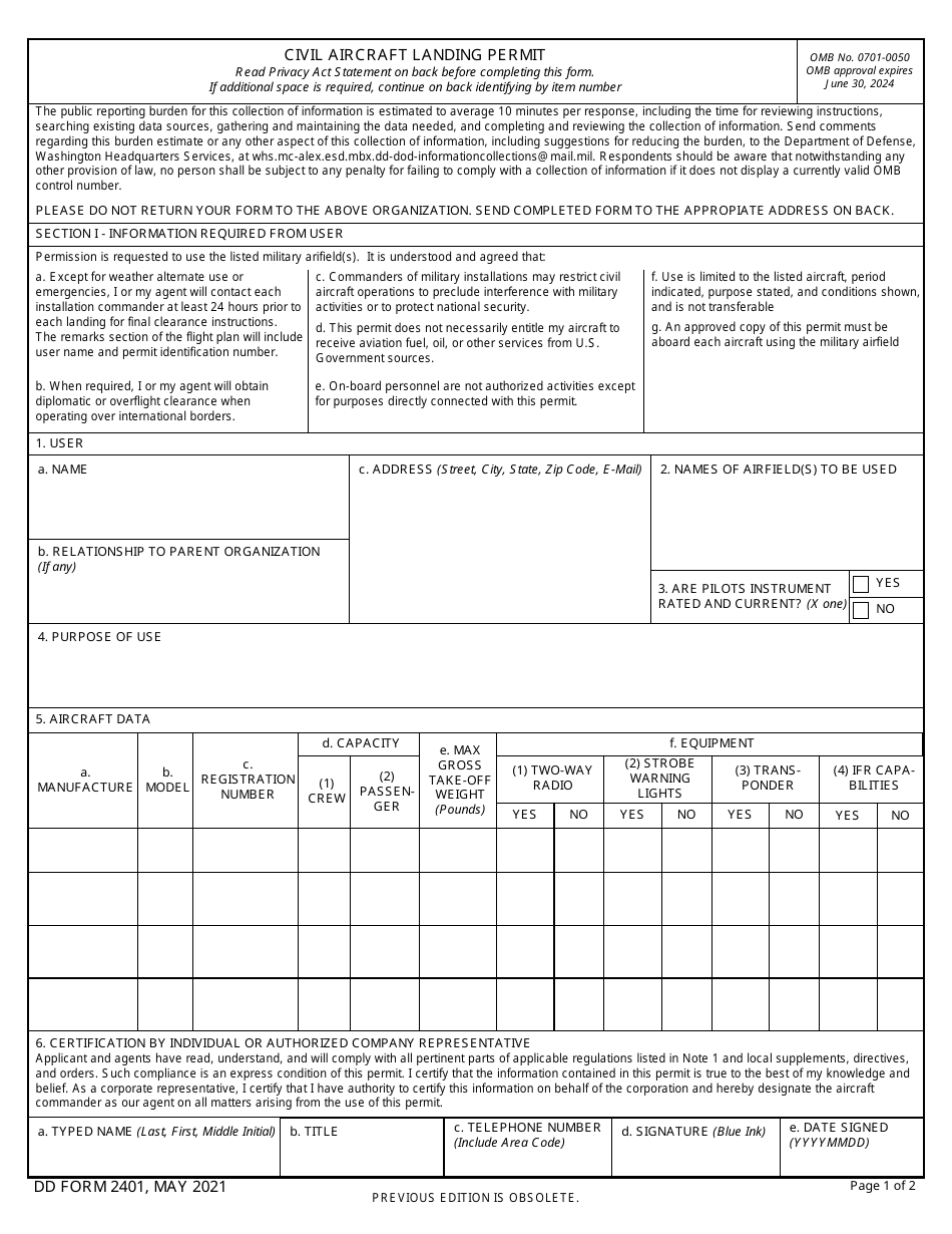 DD Form 2401 Download Fillable PDF or Fill Online Civil Aircraft ...