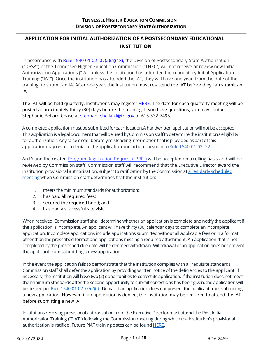 Tennessee Application for Initial Authorization of a Postsecondary ...