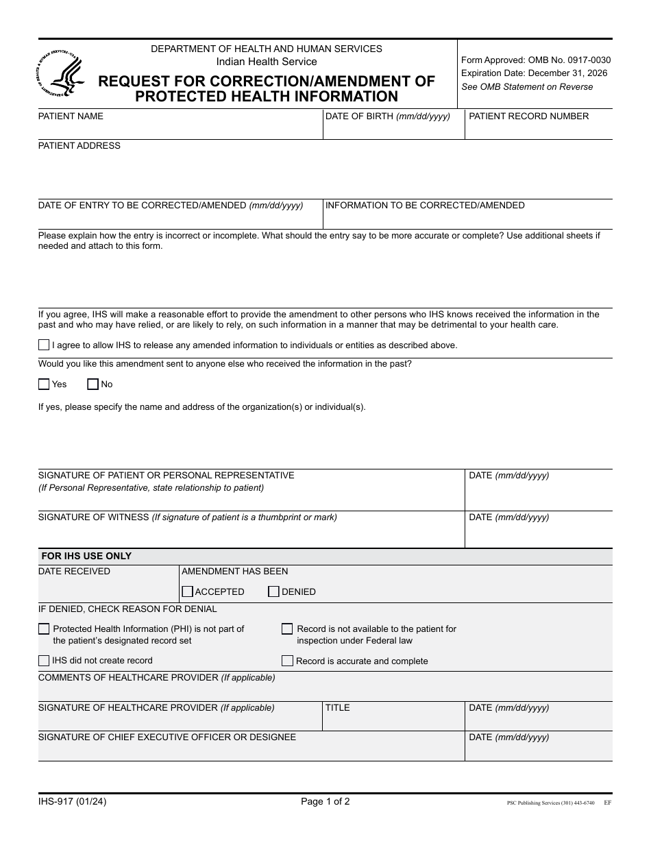 Form IHS-917 Download Fillable PDF or Fill Online Request for ...