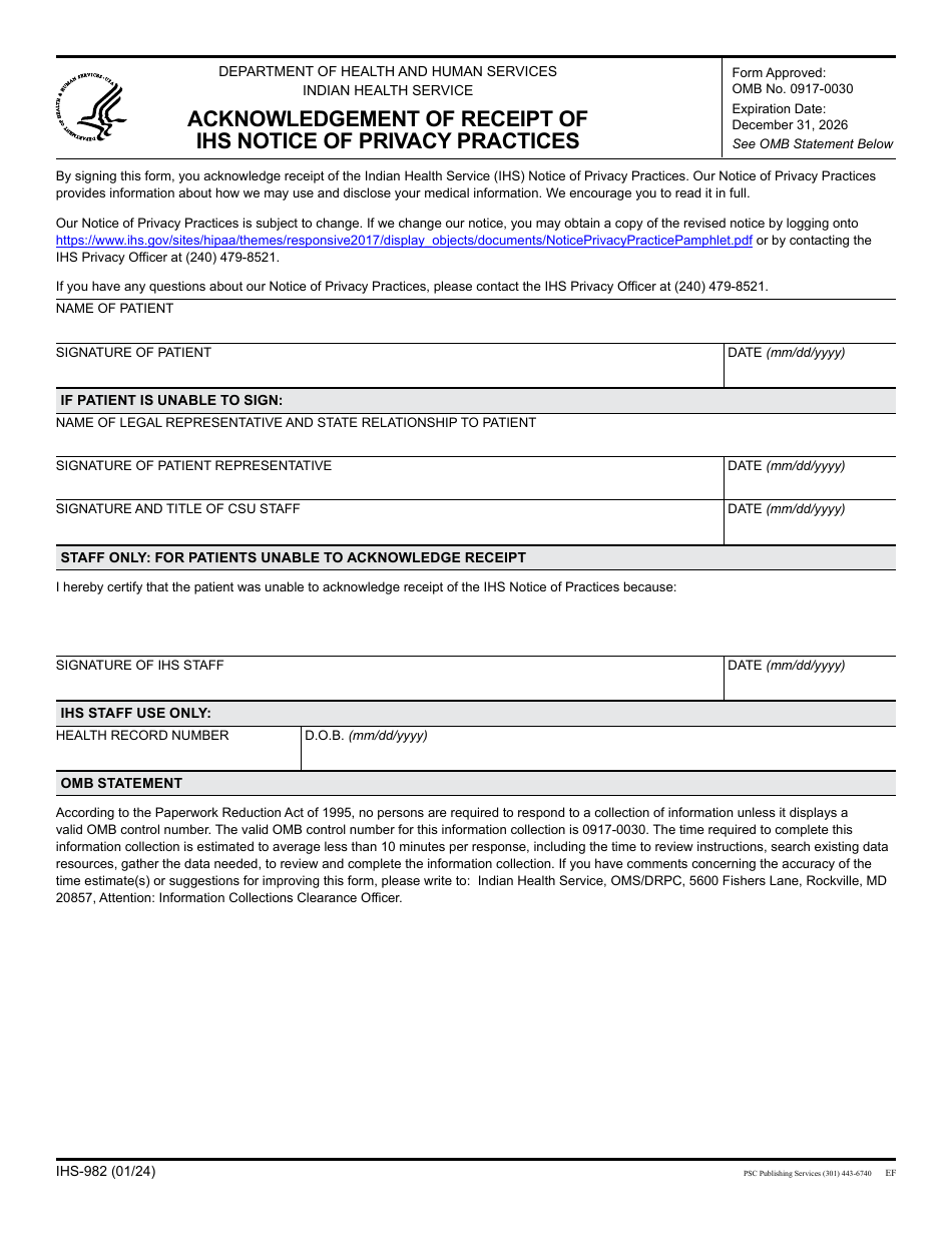 Form IHS-982 - Fill Out, Sign Online and Download Fillable PDF ...