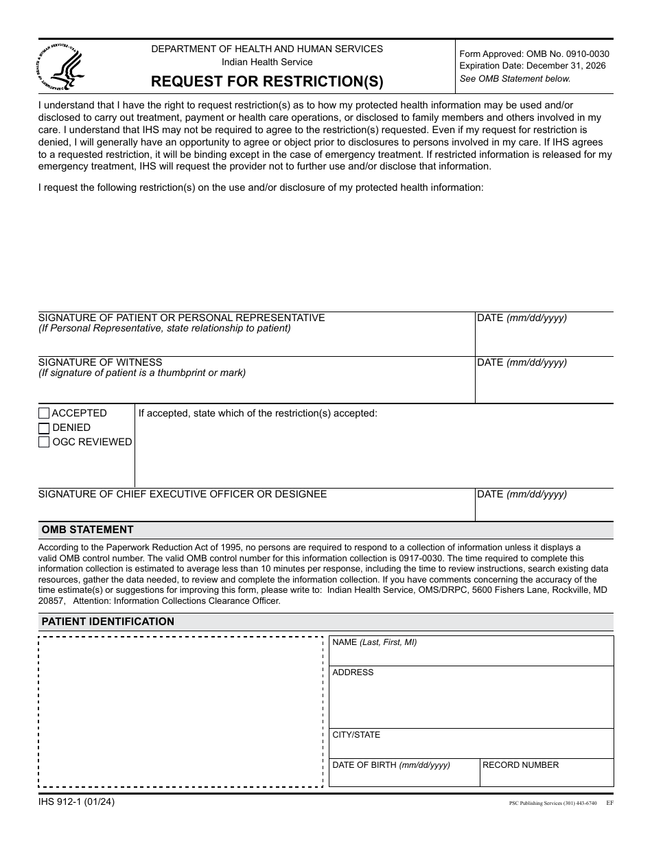 Form IHS-912-1 Download Fillable PDF or Fill Online Request for ...