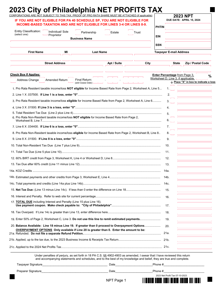 2023 City of Philadelphia, Pennsylvania Net Profits Tax - Fill Out ...