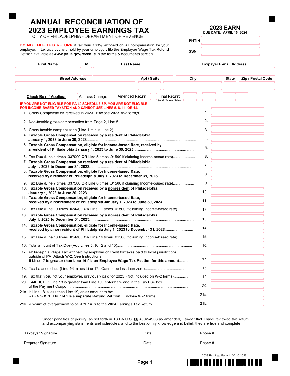 2023 City of Philadelphia, Pennsylvania Annual Reconciliation of ...