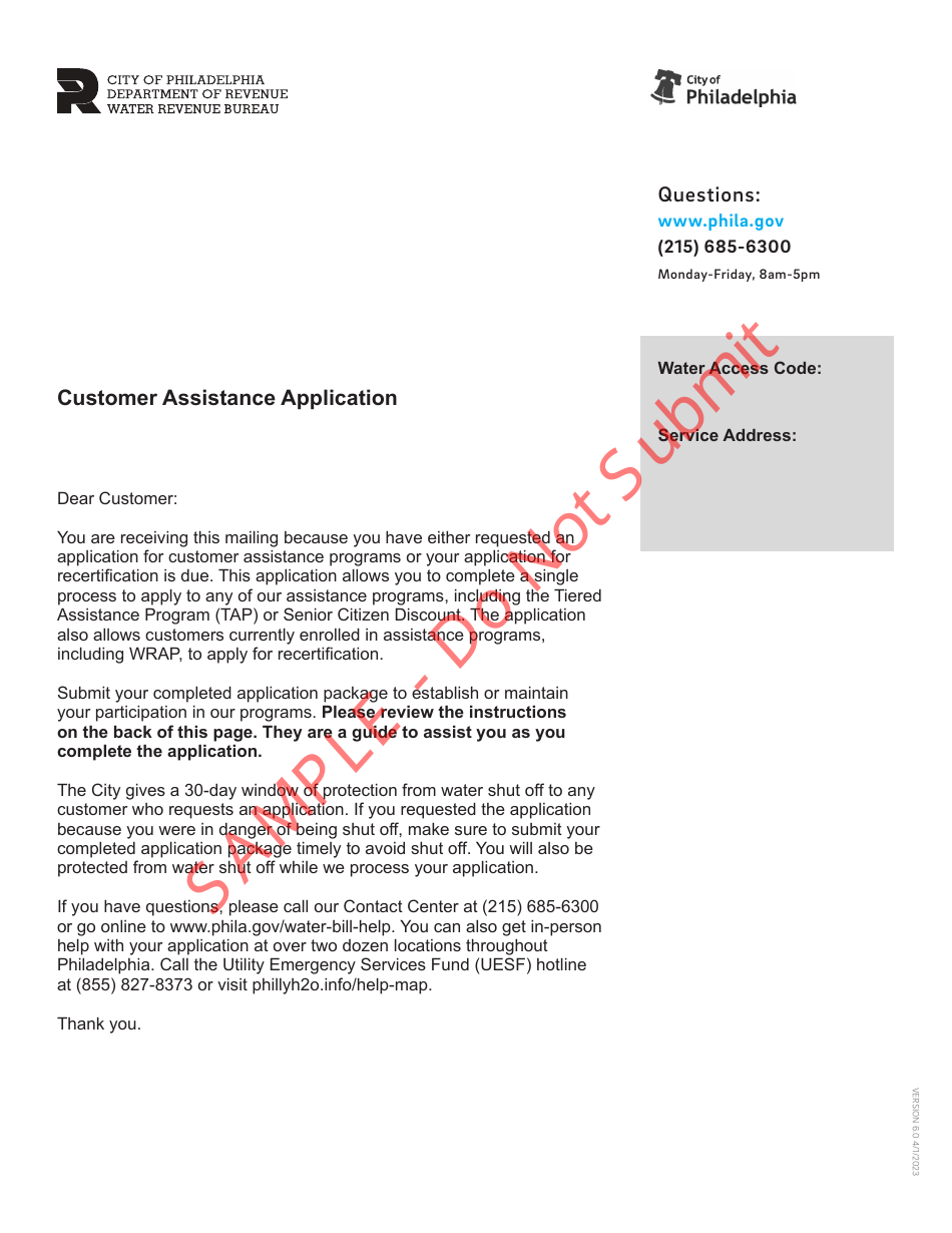 City of Philadelphia, Pennsylvania Customer Assistance Application ...