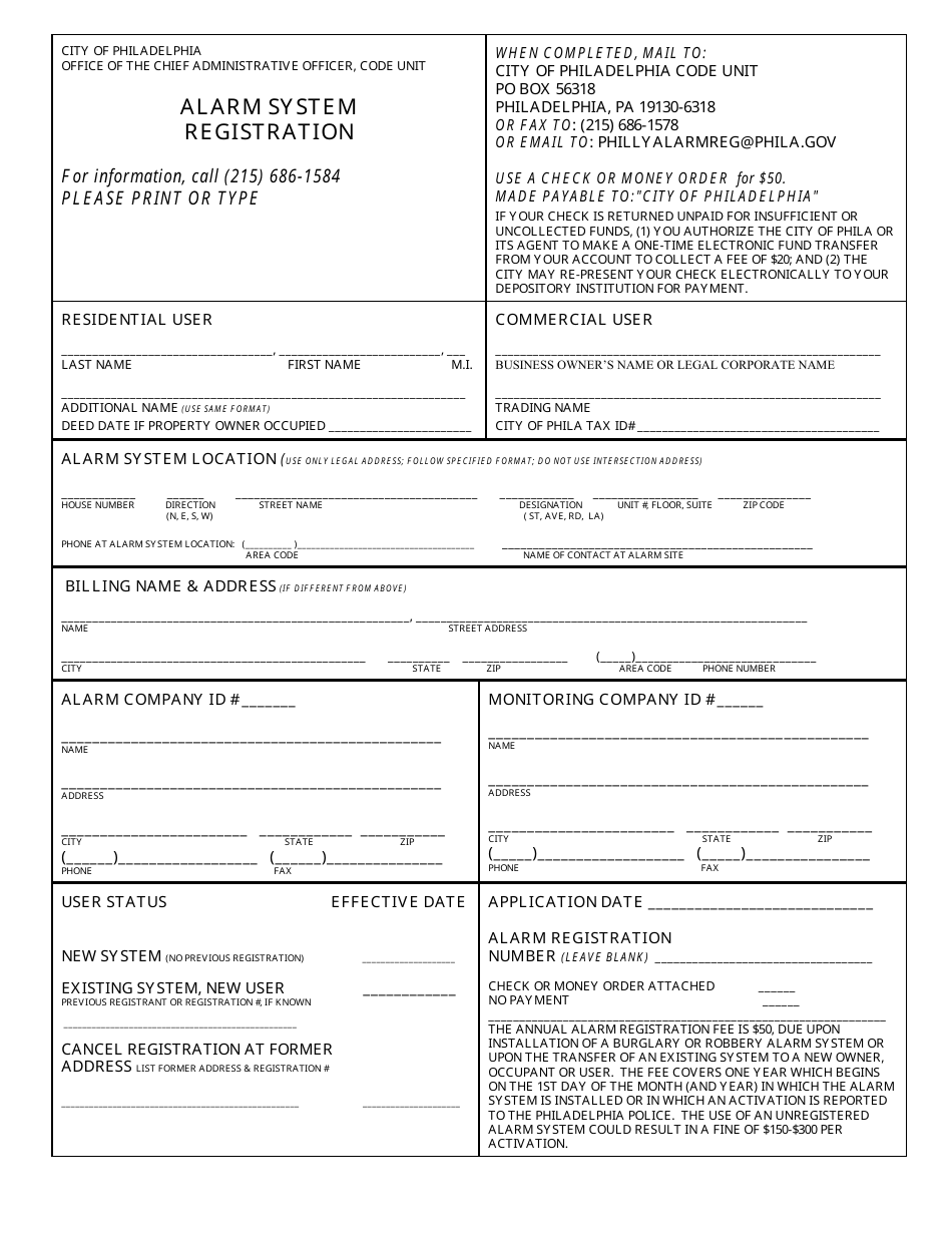 City of Philadelphia, Pennsylvania Alarm System Registration - Fill Out ...