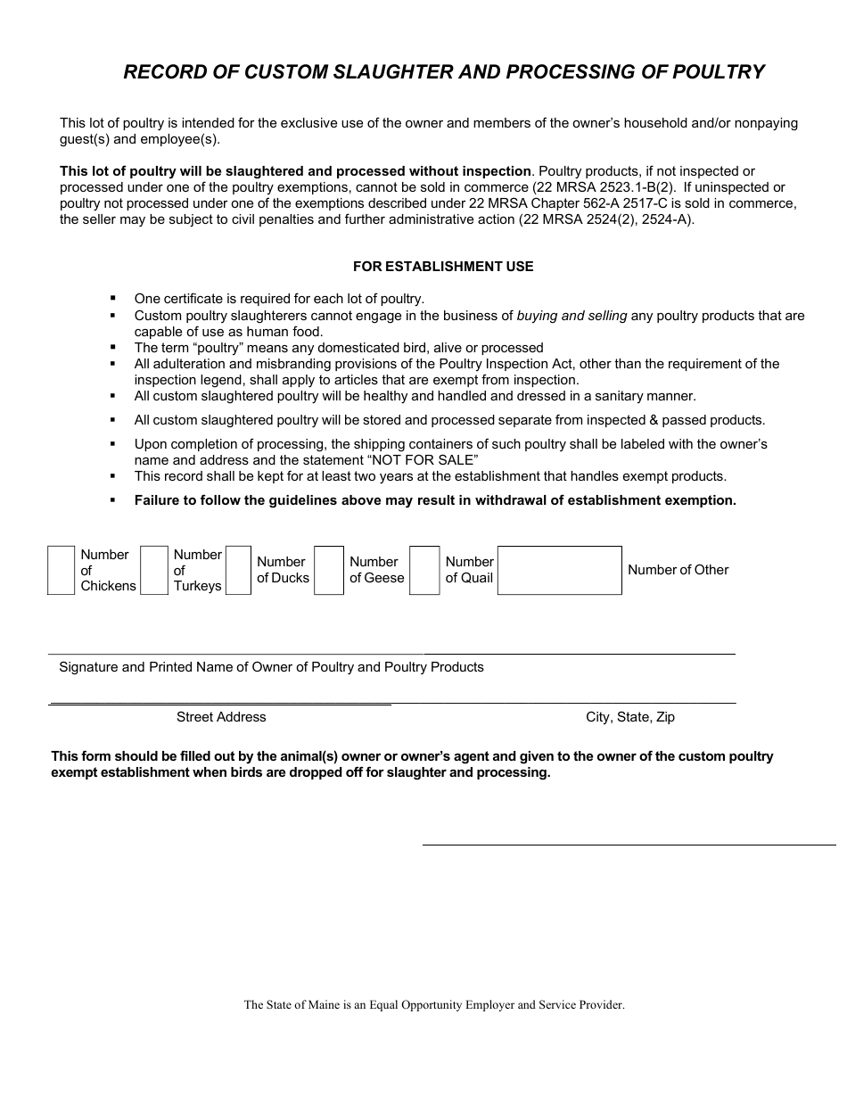 Maine Record of Custom Slaughter and Processing of Poultry - Fill Out ...
