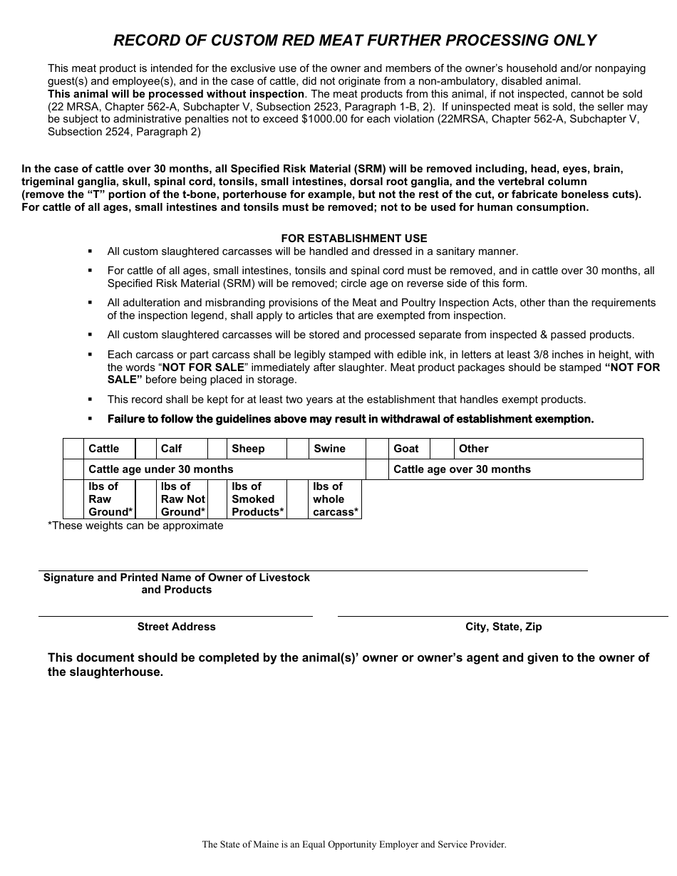 Maine Record of Custom Red Meat Further Processing Only - Fill Out ...