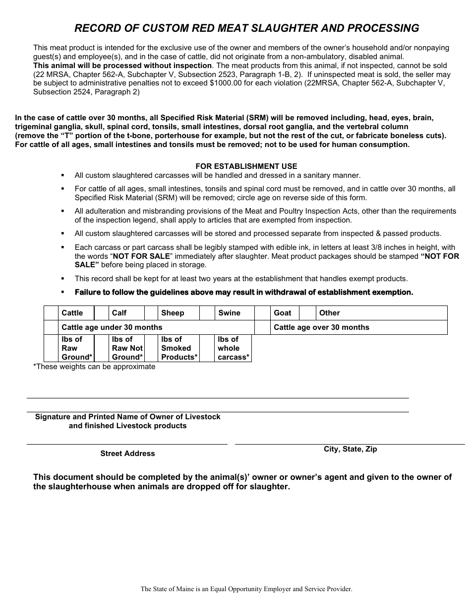 Maine Record of Custom Red Meat Slaughter and Processing - Fill Out ...