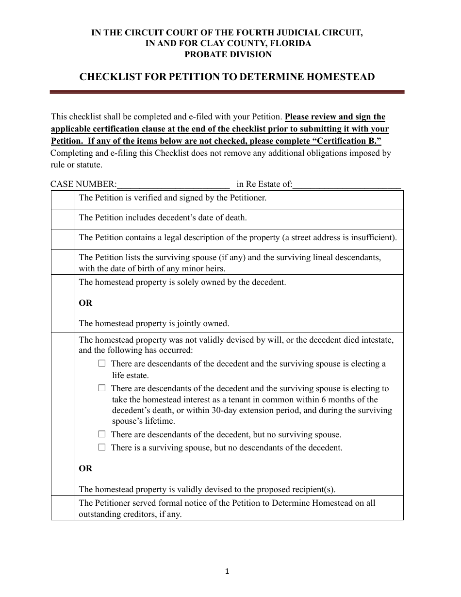Clay County, Florida Checklist for Petition to Determine Homestead - Fill Out, Sign Online and ...