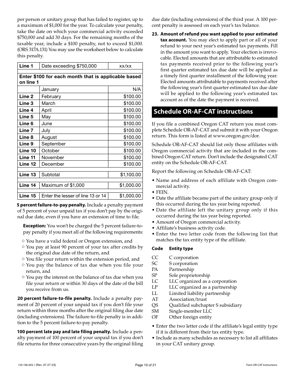 Download Instructions for Form OR-CAT, 150-106-003 Oregon Corporate ...