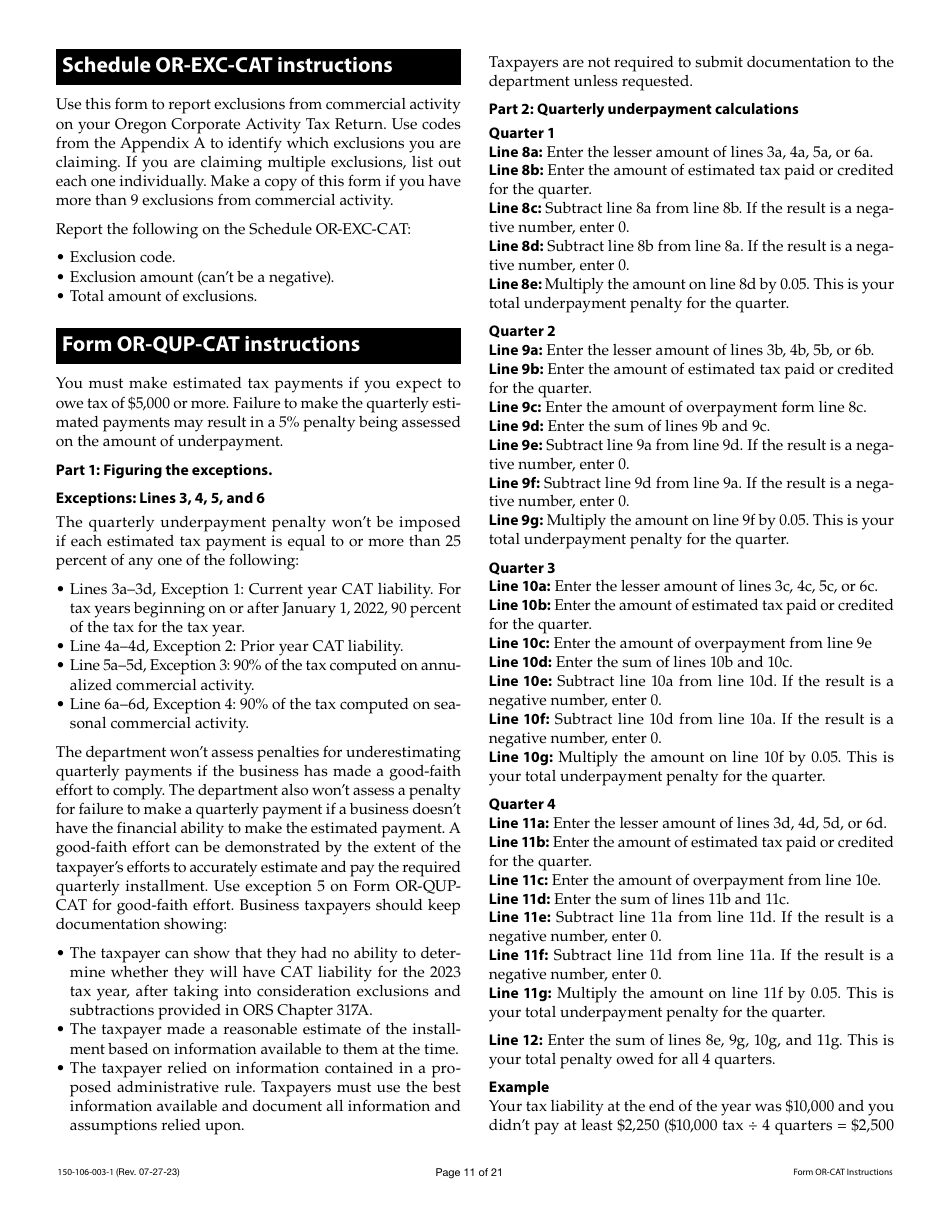 Download Instructions for Form OR-CAT, 150-106-003 Oregon Corporate ...