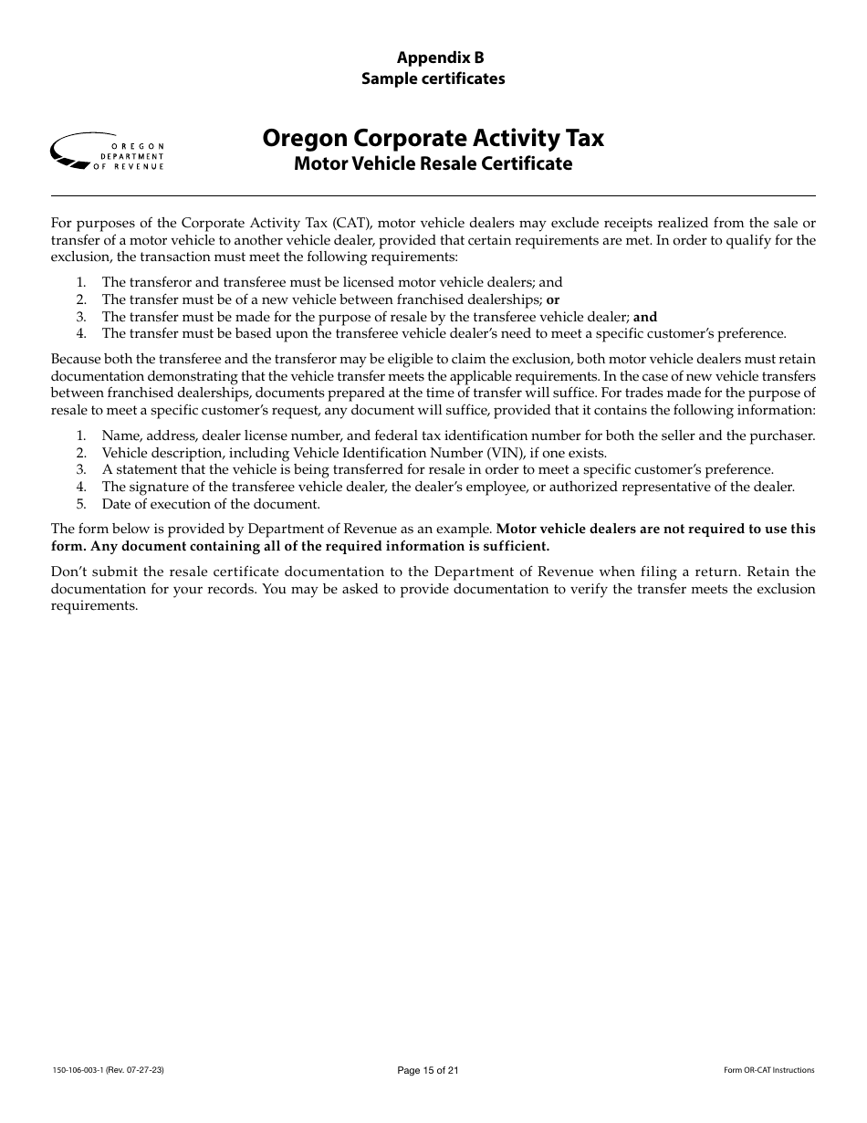 Download Instructions for Form OR-CAT, 150-106-003 Oregon Corporate ...