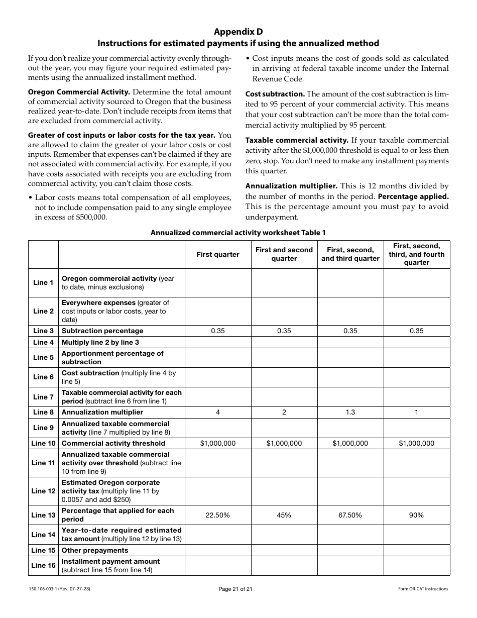 Download Instructions for Form OR-CAT, 150-106-003 Oregon Corporate ...