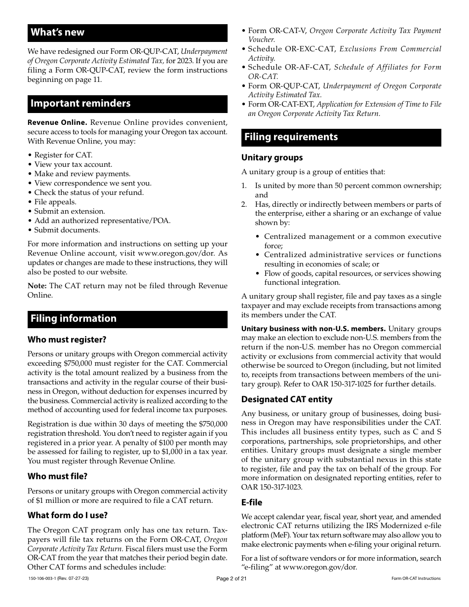 Download Instructions for Form OR-CAT, 150-106-003 Oregon Corporate ...