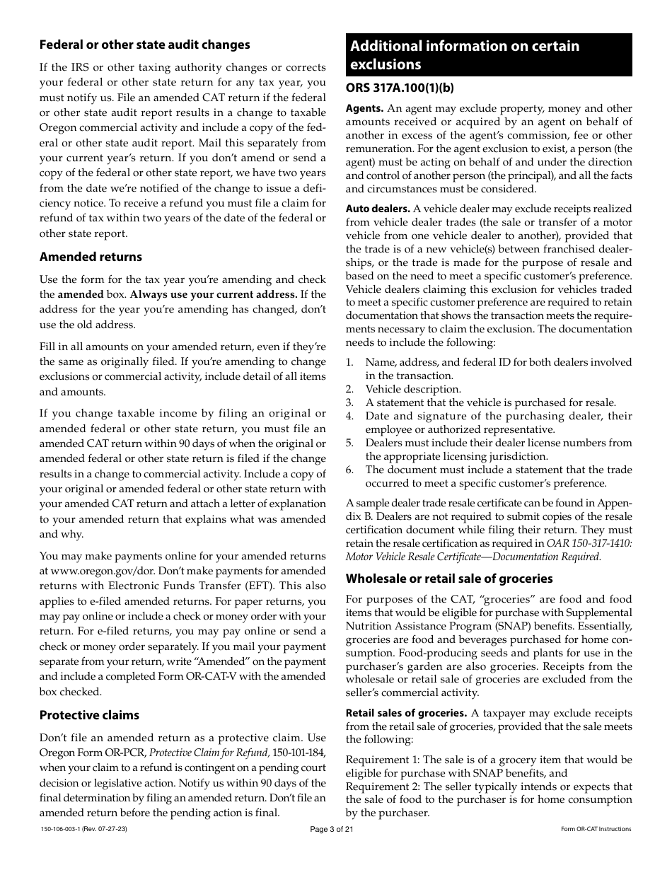 Download Instructions for Form OR-CAT, 150-106-003 Oregon Corporate ...