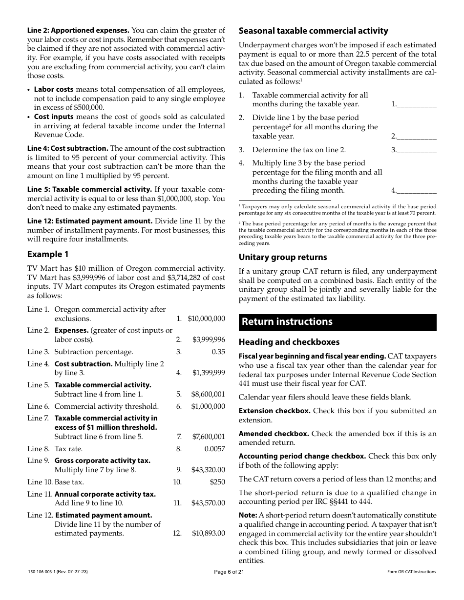 Download Instructions for Form OR-CAT, 150-106-003 Oregon Corporate ...