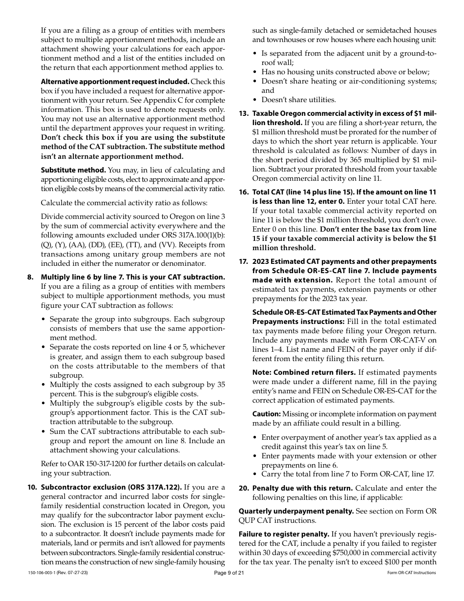Download Instructions for Form OR-CAT, 150-106-003 Oregon Corporate ...