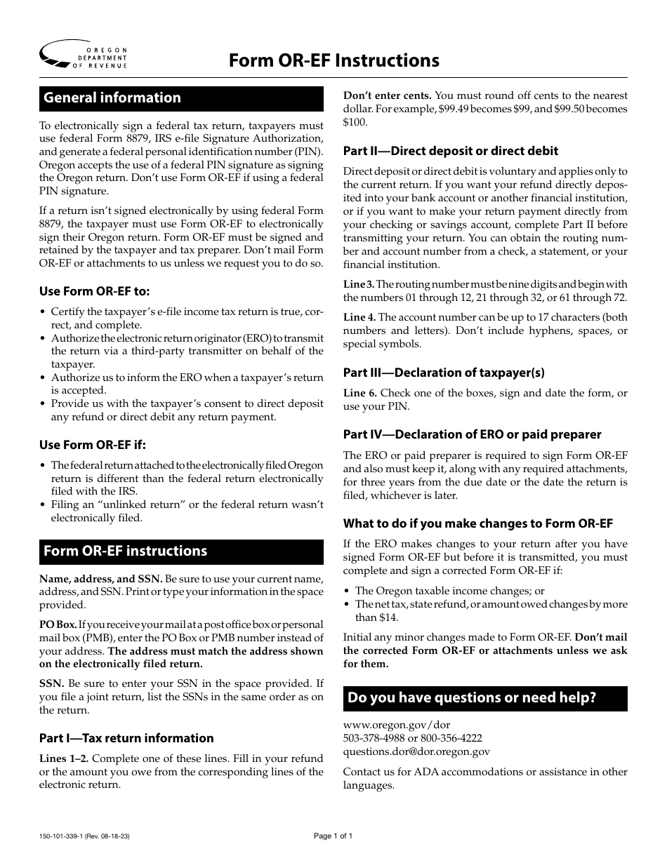 Download Instructions for Form OR-EF, 150-101-339 Oregon Individual ...