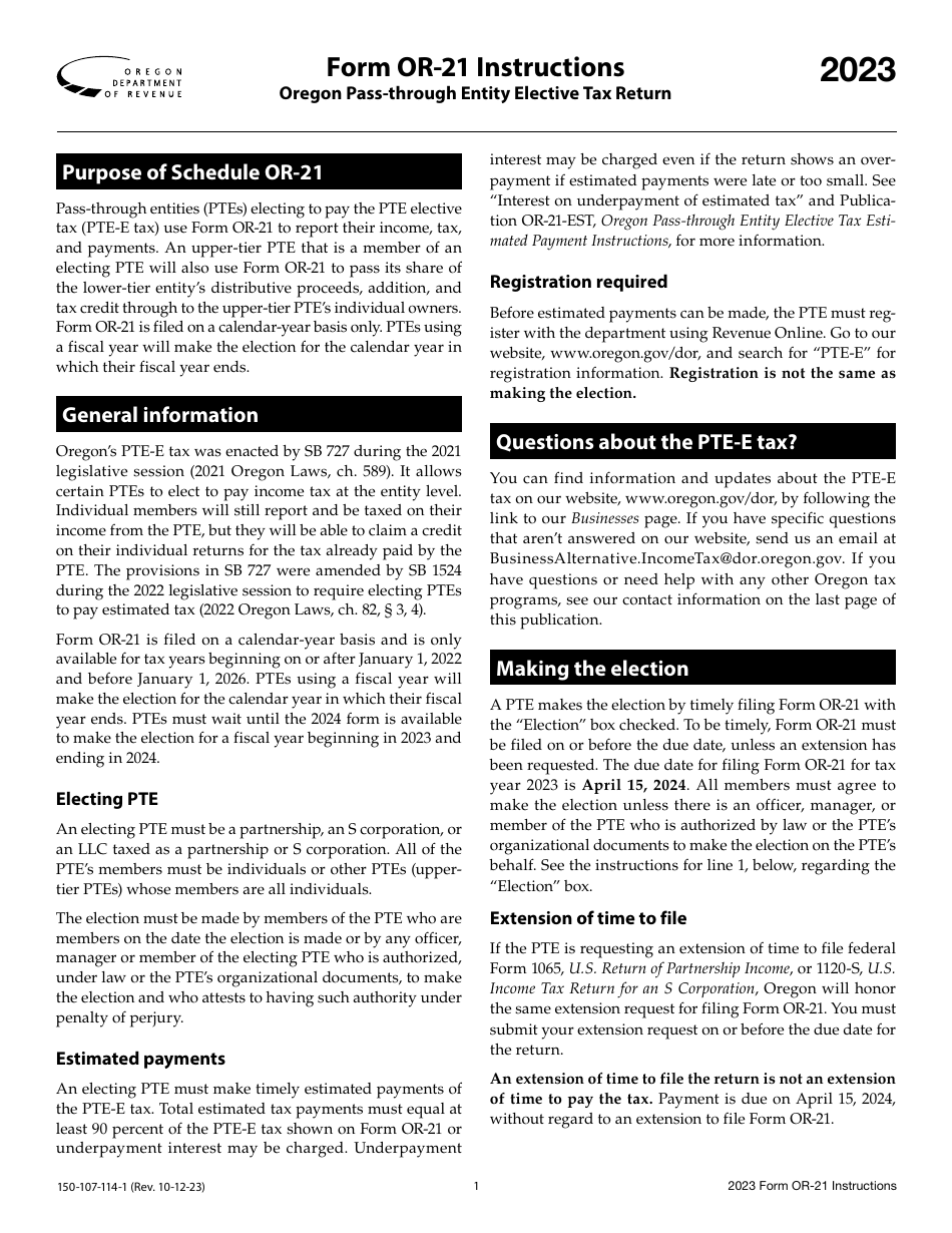 Download Instructions for Form OR-21, 150-107-114 Oregon Pass-Through ...