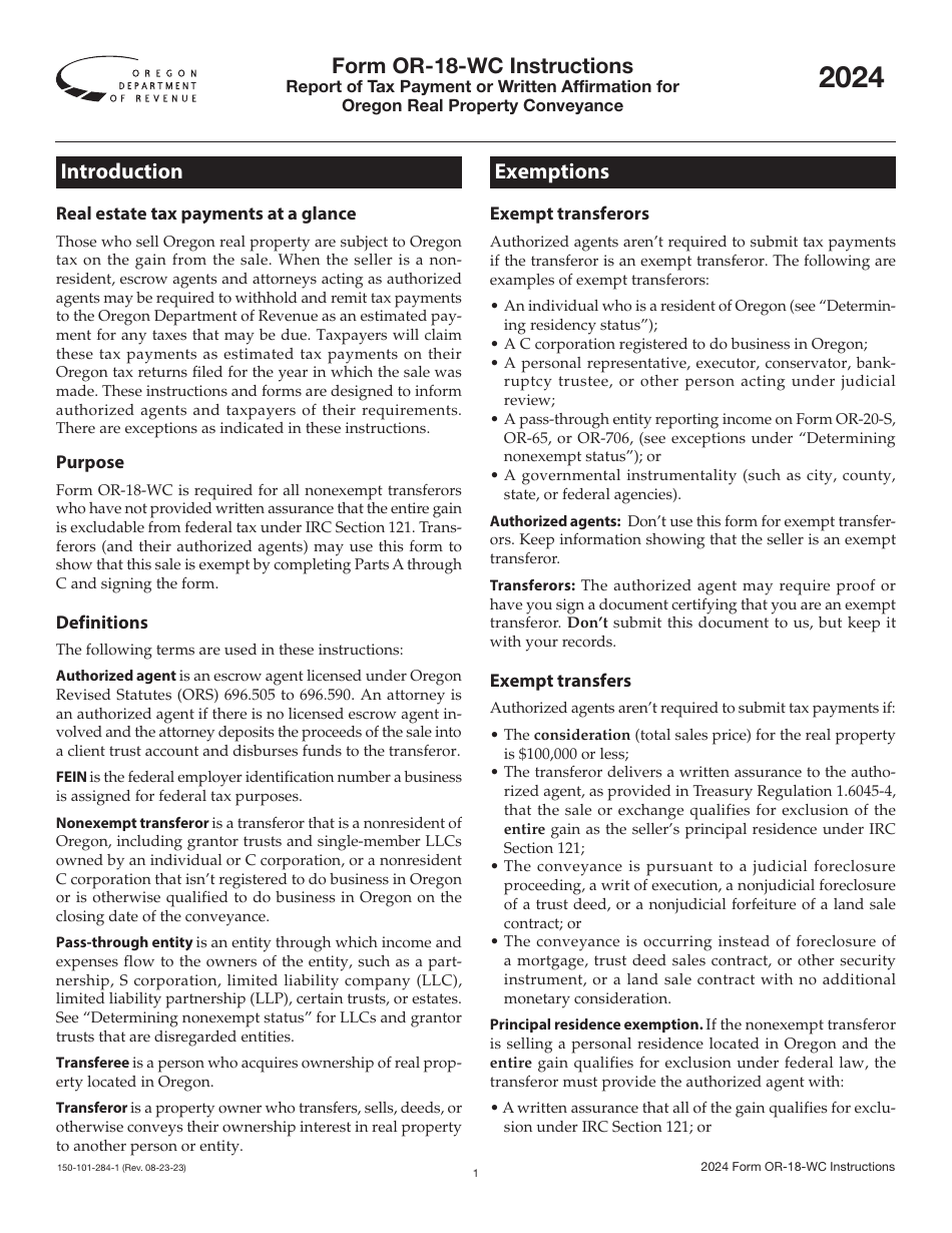 Download Instructions for Form OR-18-WC, 150-101-284 Report of Tax ...