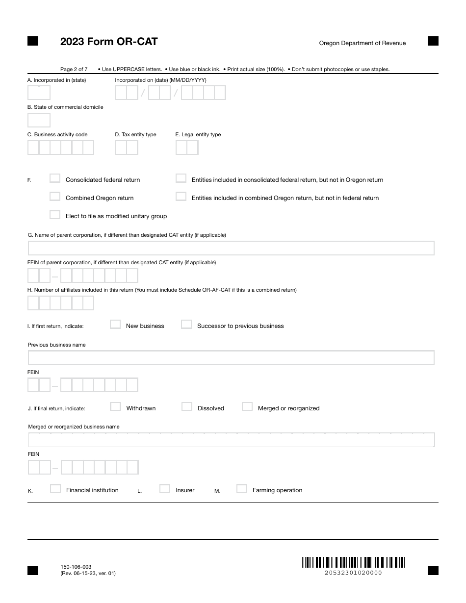 Form OR-CAT (150-106-003) Download Fillable PDF or Fill Online Oregon ...