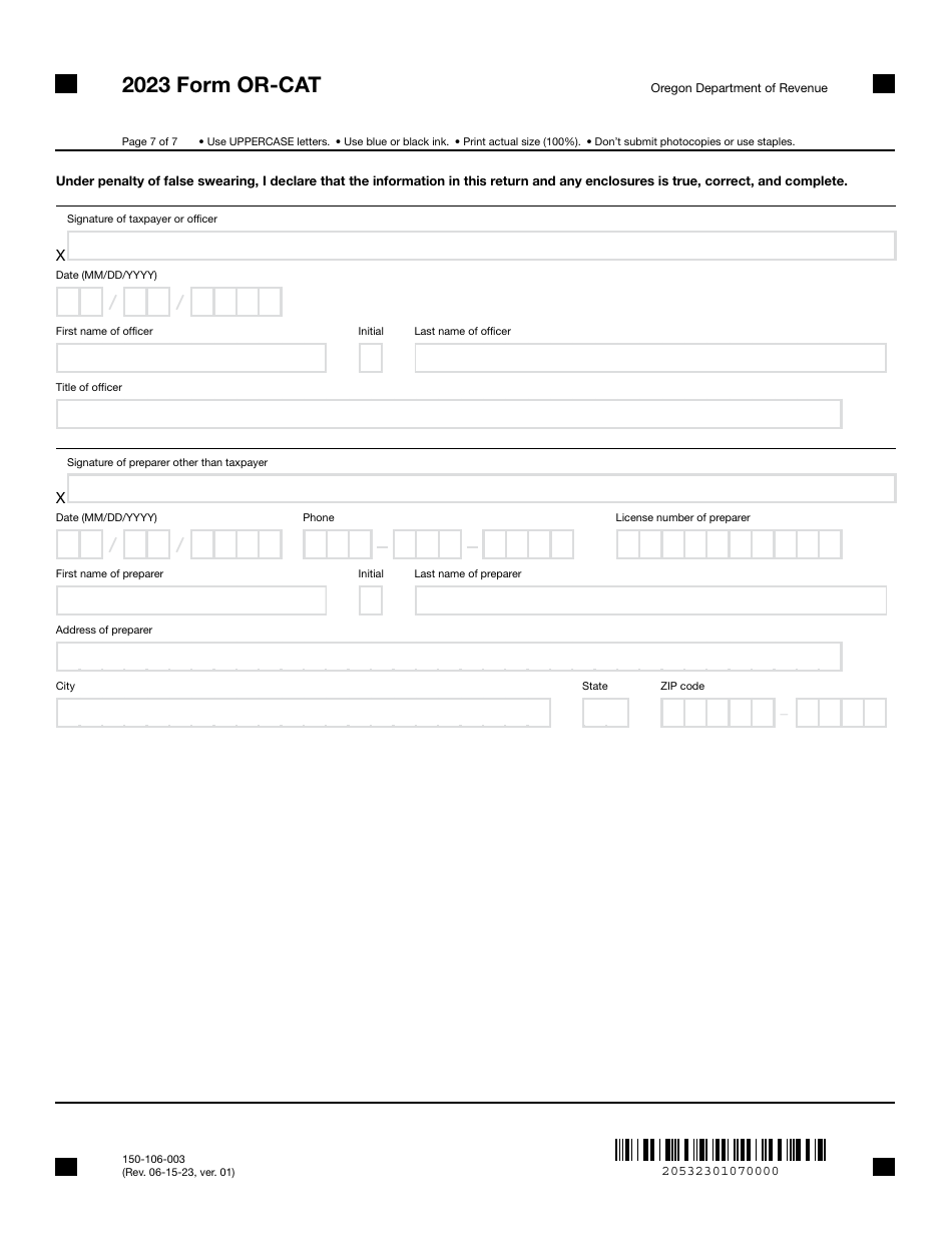 Form OR-CAT (150-106-003) Download Fillable PDF or Fill Online Oregon ...