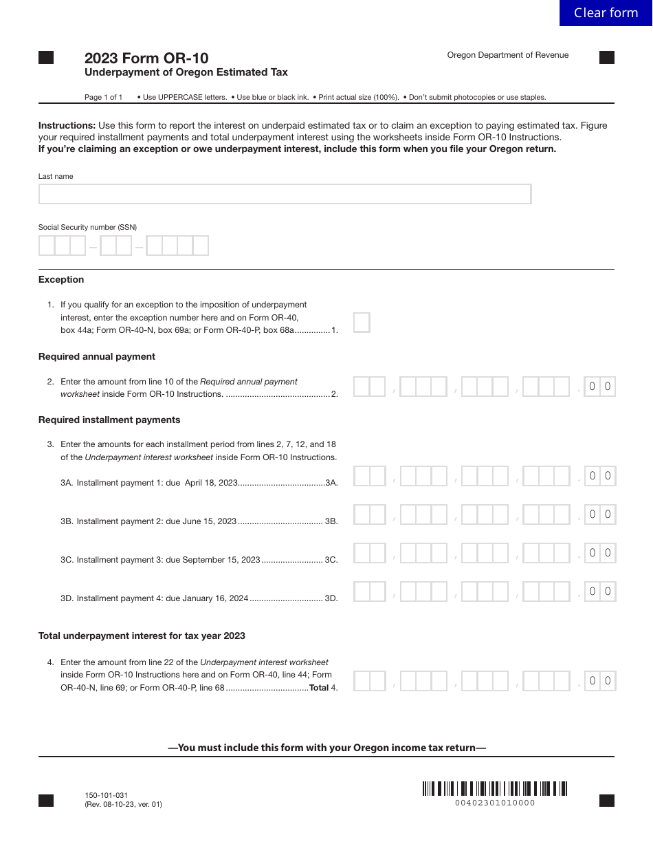 Form OR-10 (150-101-031) - 2023 - Fill Out, Sign Online and Download Fillable PDF, Oregon ...