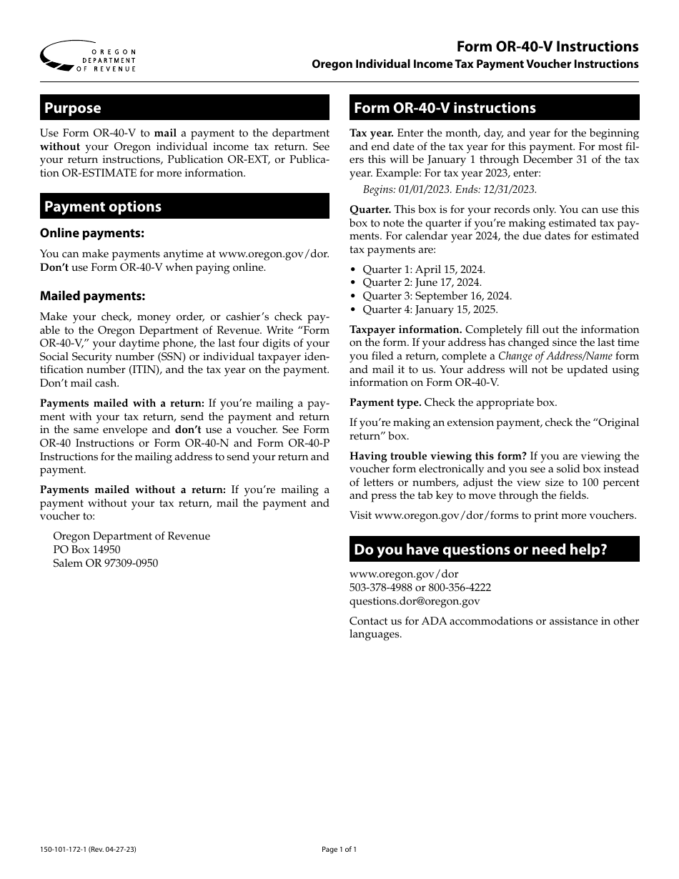 Download Instructions for Form OR-40-V, 150-101-172 Oregon Individual ...