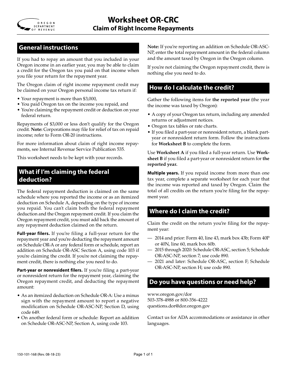 Form 150-101-168 Worksheet OR-CRC Download Fillable PDF or Fill Online ...