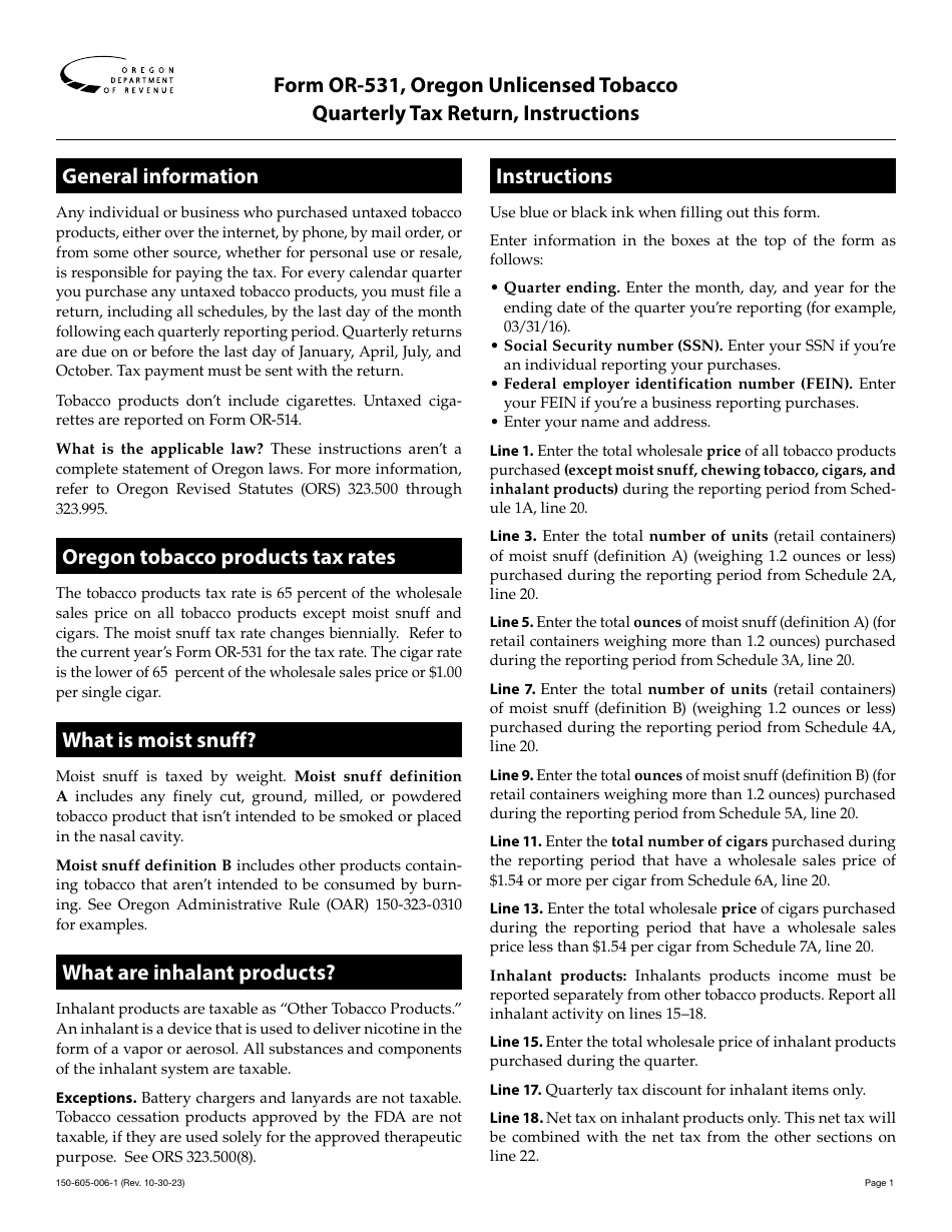Download Instructions for Form OR-531, 150-605-006 Oregon Unlicensed ...