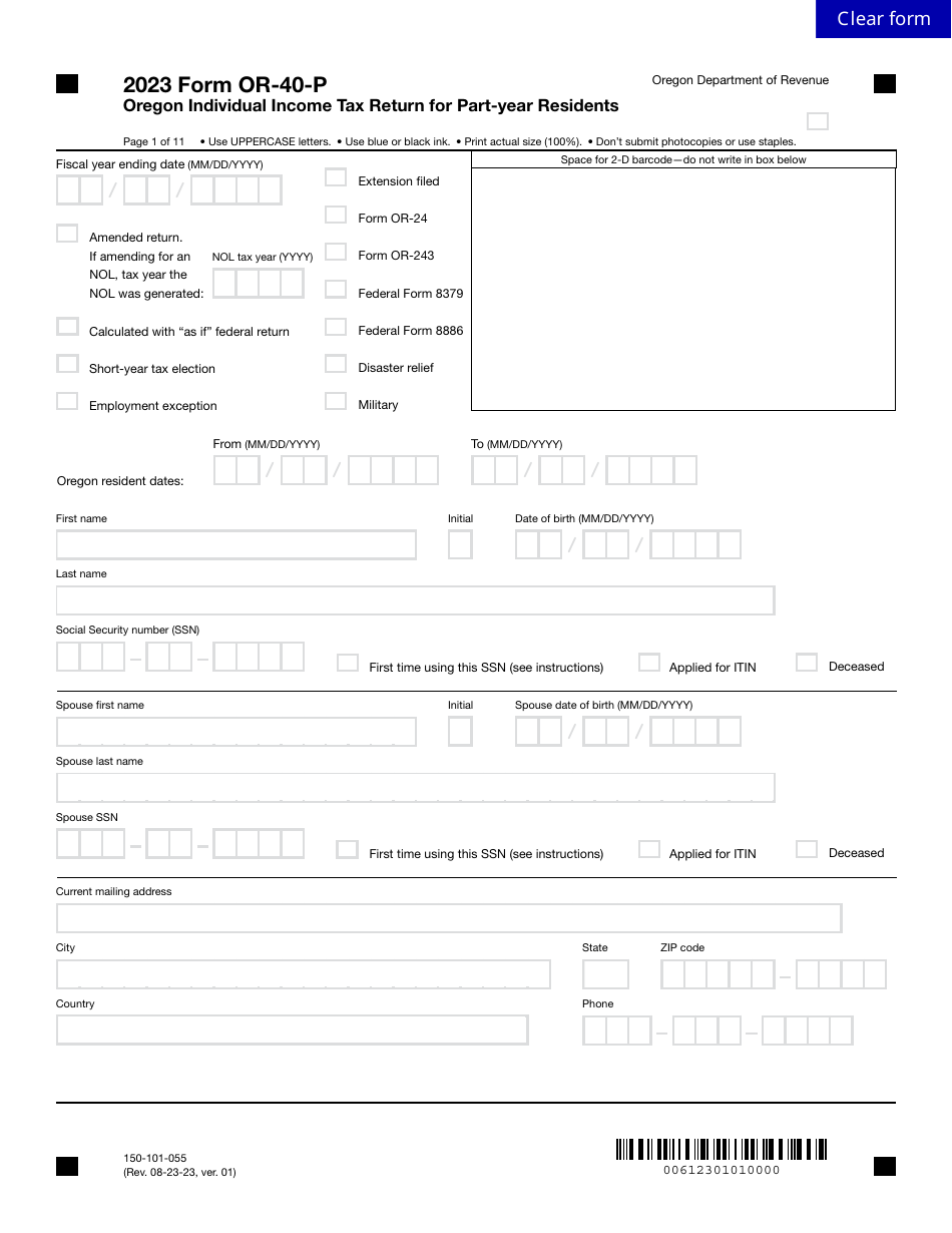 Form OR-40-P (150-101-055) Download Fillable PDF or Fill Online Oregon ...