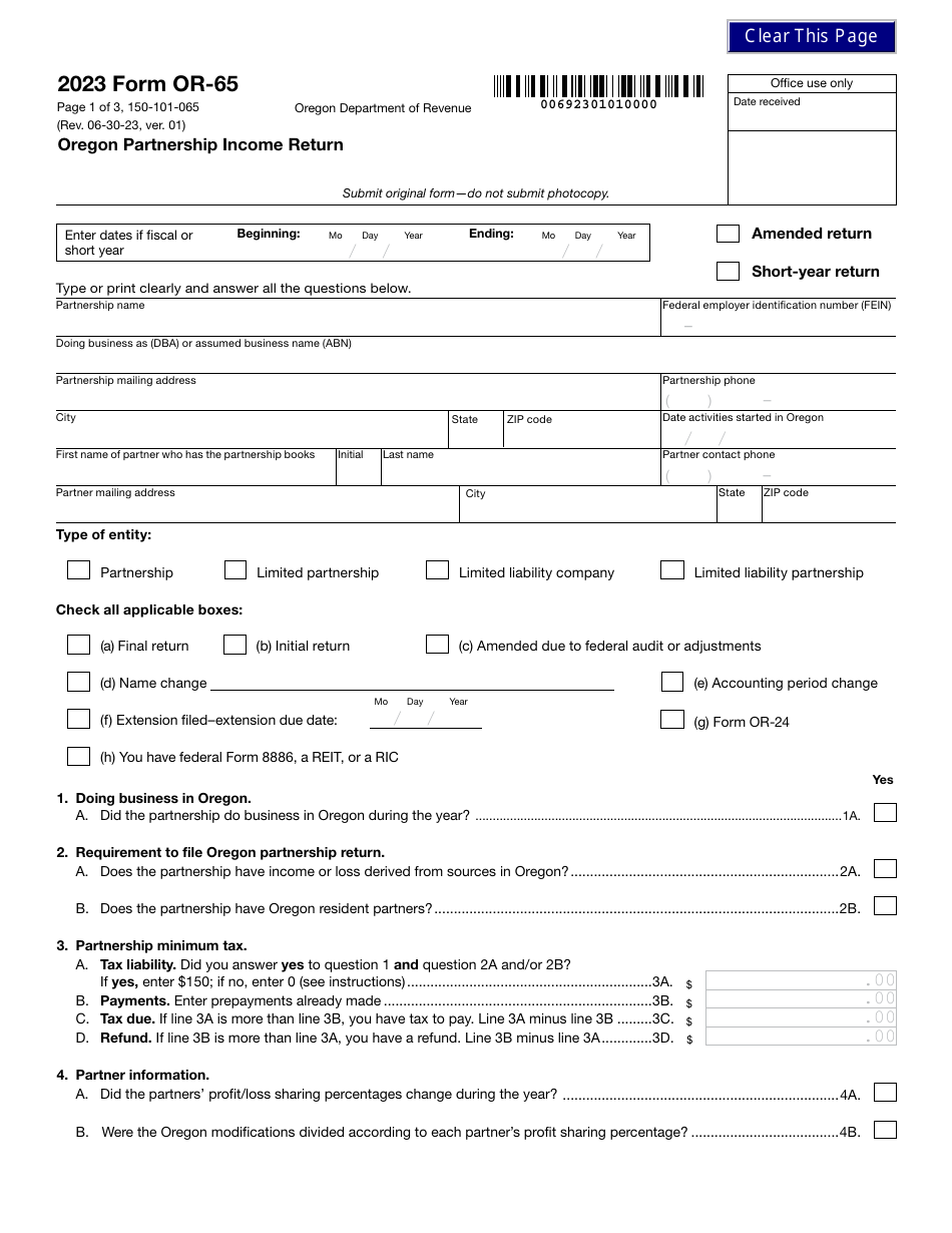 Form OR-65 (150-101-065) Download Fillable PDF or Fill Online Oregon ...