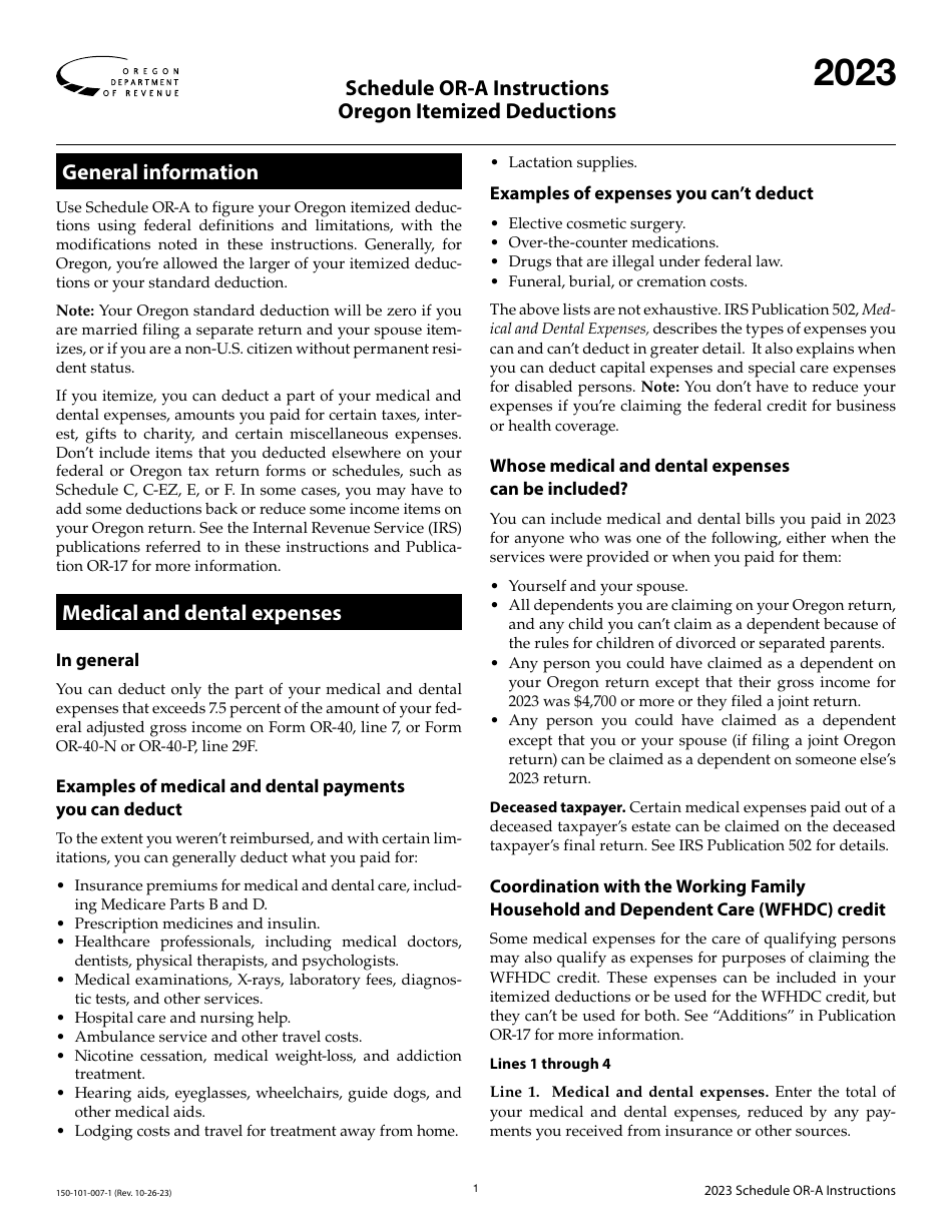 Download Instructions for Form 150-101-007 Schedule OR-A Oregon ...