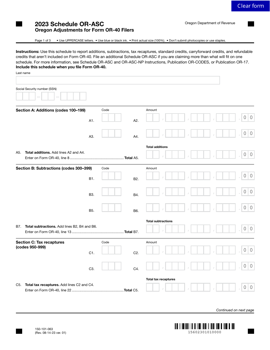 Form 150-101-063 Schedule OR-ASC Download Fillable PDF or Fill Online Oregon Adjustments for ...