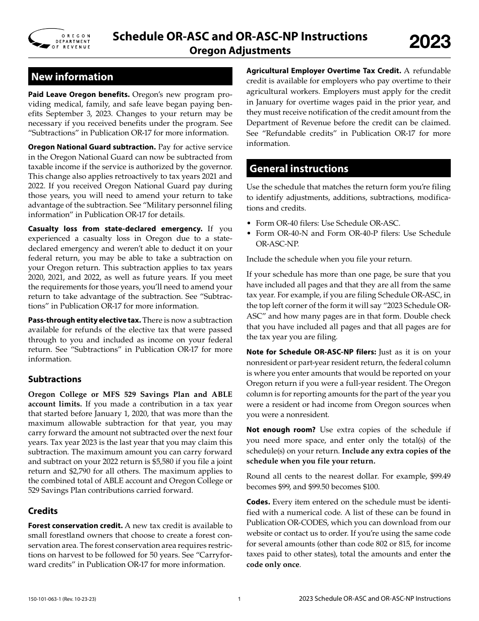 Download Instructions for Form 150-101-063, 150-101-064 Schedule OR-ASC ...