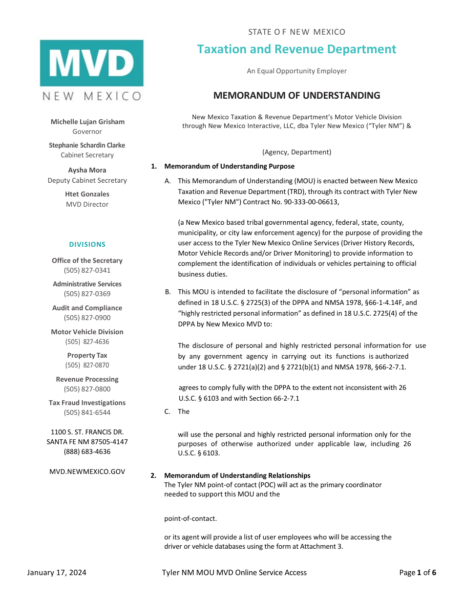New Mexico Memorandum of Understanding Download Fillable PDF ...