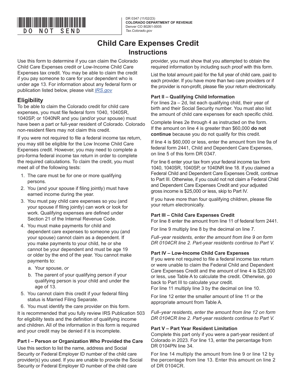 Form DR0347 Download Fillable PDF or Fill Online Child Care Expenses ...