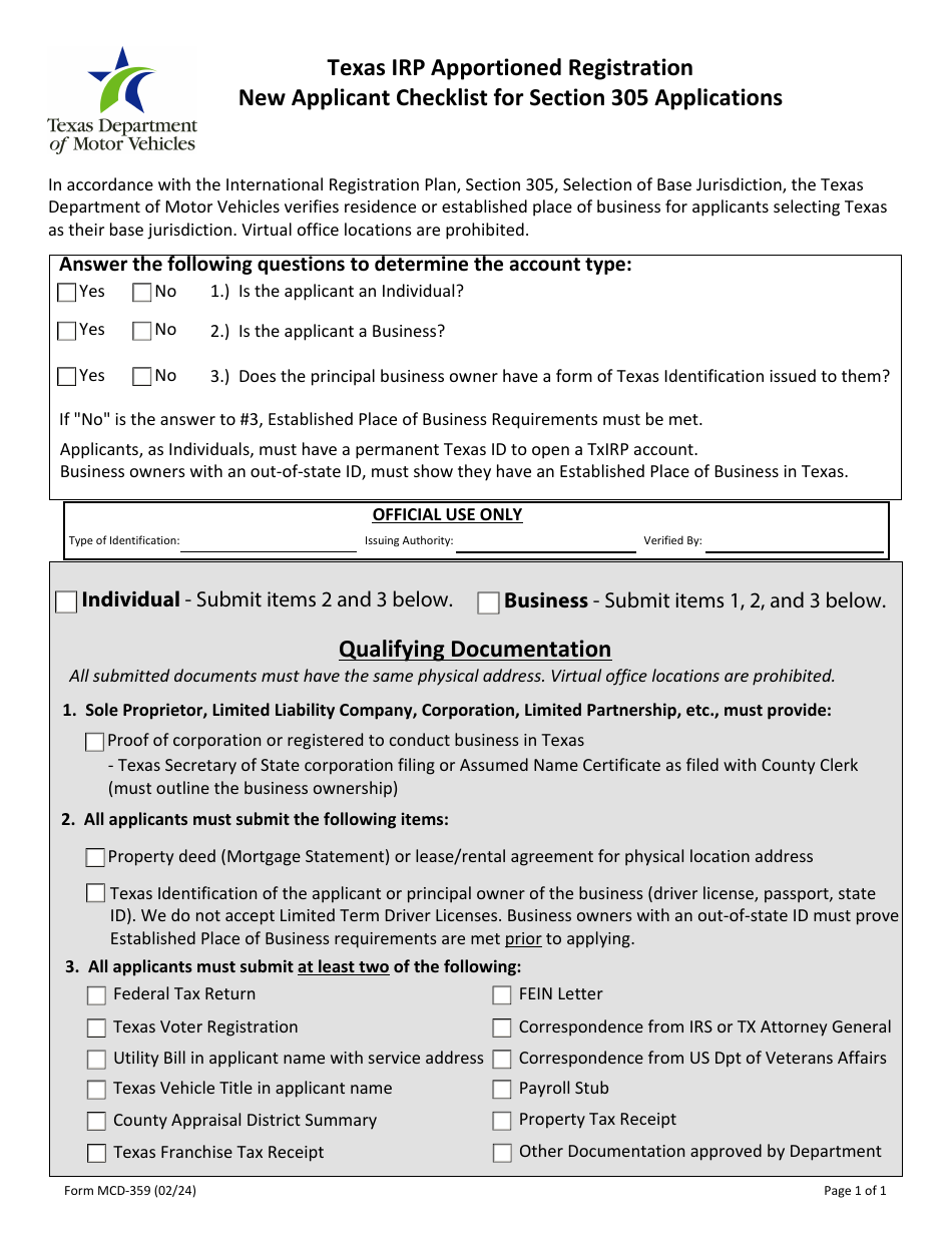 Form MCD-359 Download Fillable PDF or Fill Online Texas Irp Apportioned ...