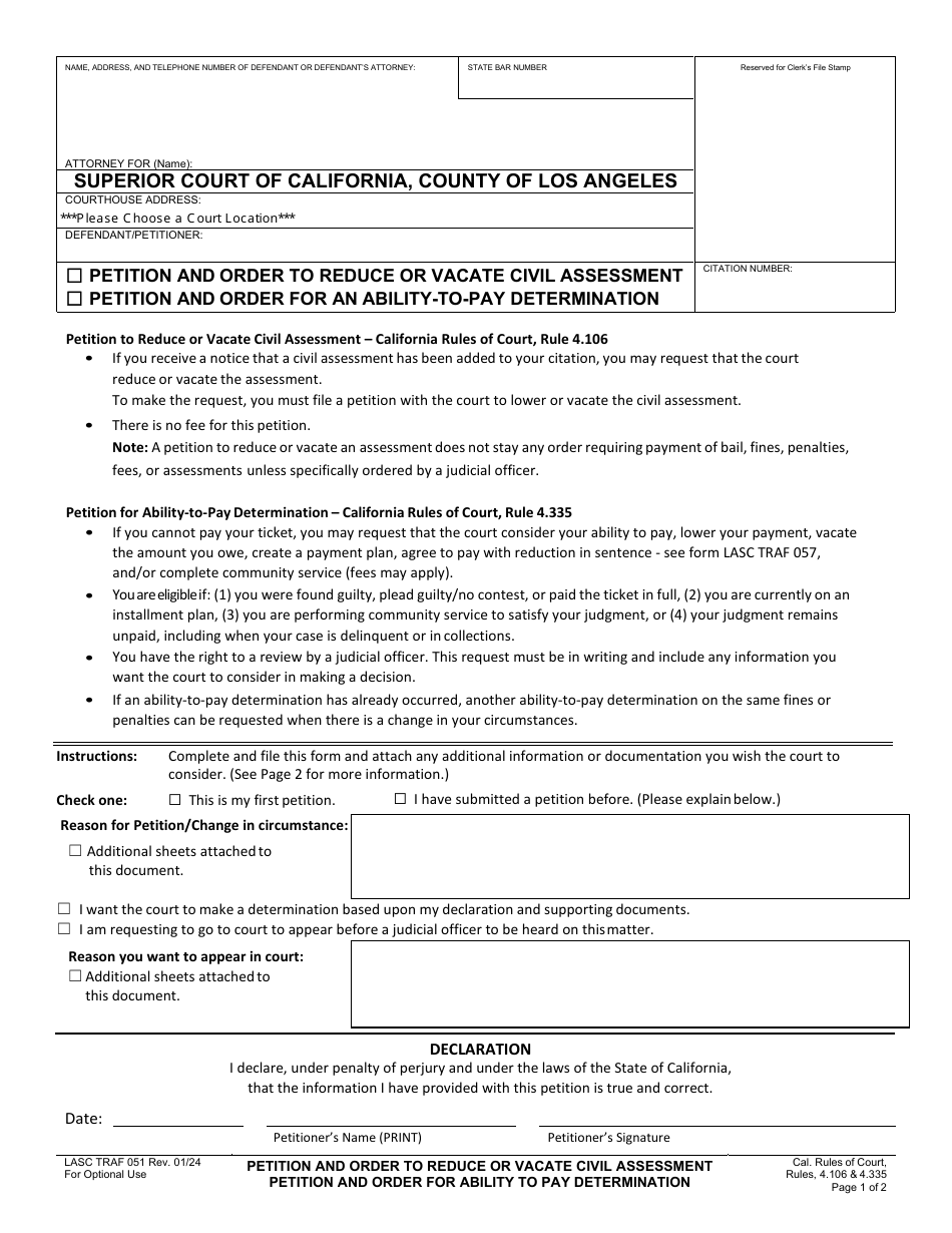 Form LASC TRAF051 Download Fillable PDF or Fill Online Petition & Order ...