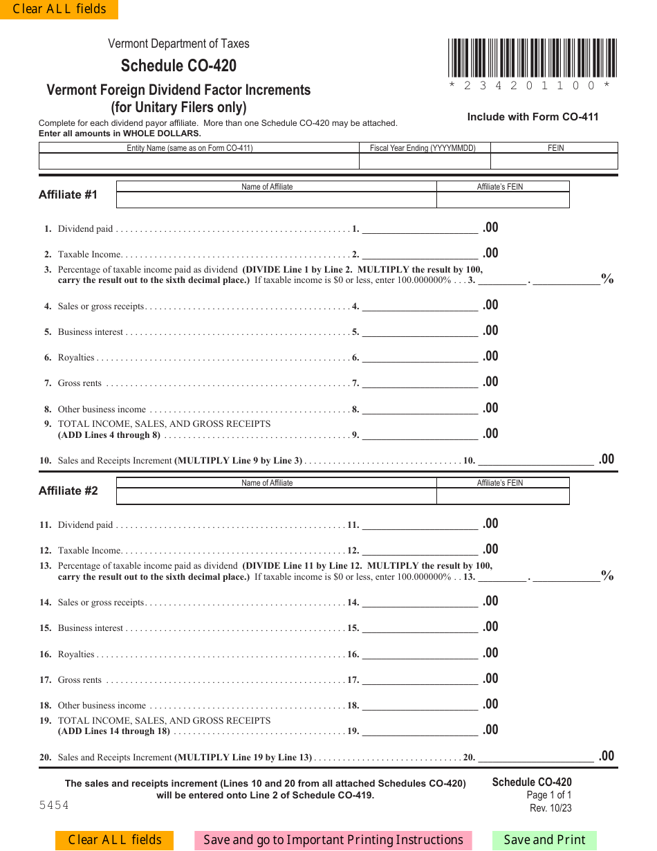 Vermont Vermont Foreign Dividend Factor Increments (For Unitary Filers ...