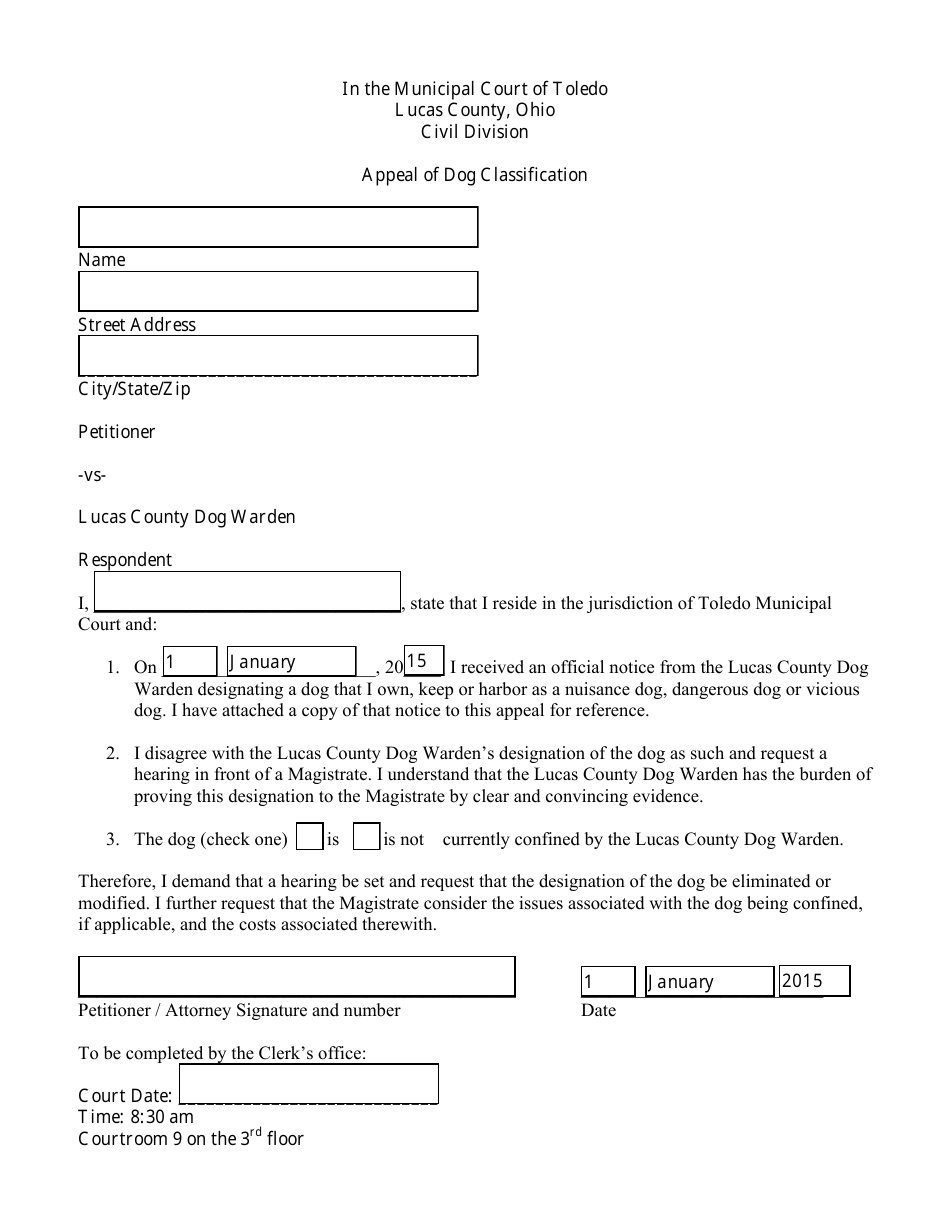 City of Toledo, Ohio Appeal of Dog Classification - Fill Out, Sign ...
