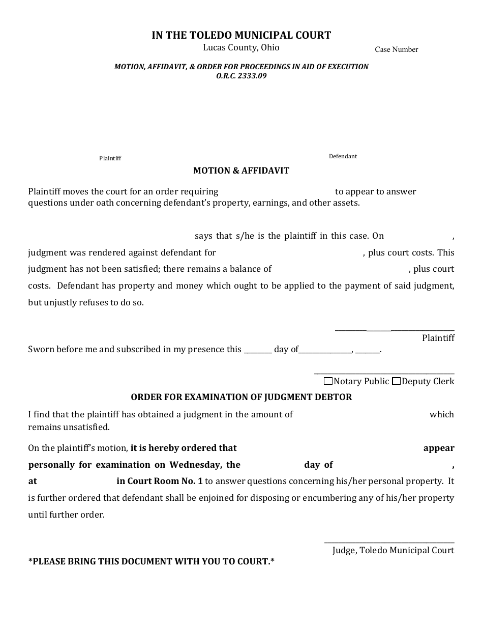 City of Toledo, Ohio Motion, Affidavit, and Order for Proceedings in Aid of Execution - Fill Out ...