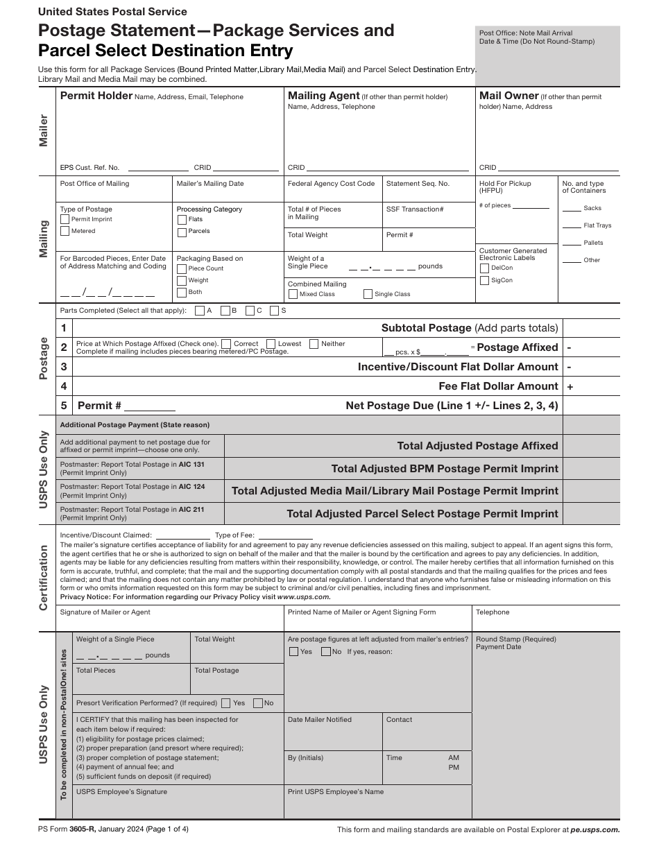PS Form 3605-R Download Printable PDF or Fill Online Postage Statement ...