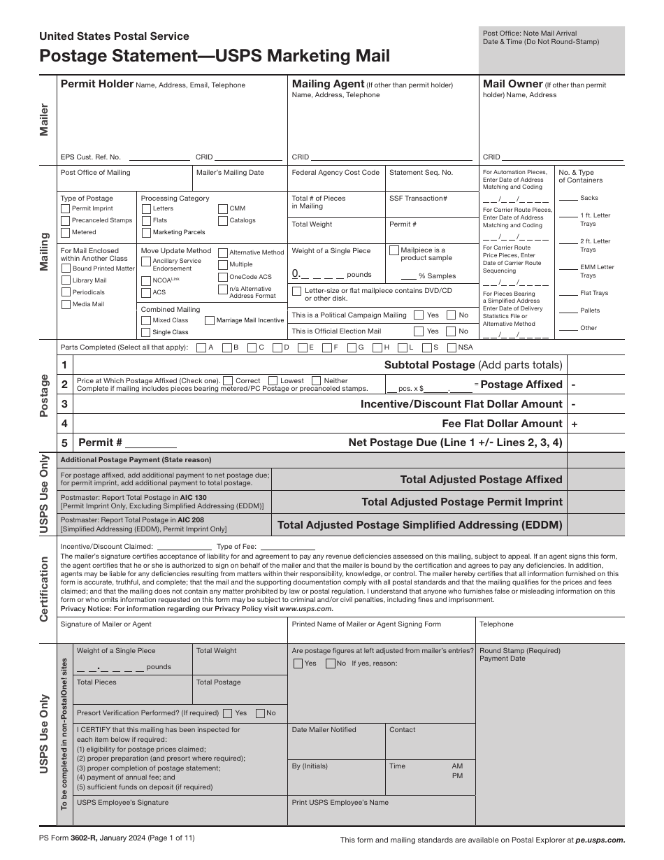 PS Form 3602-R Download Printable PDF or Fill Online Postage Statement ...