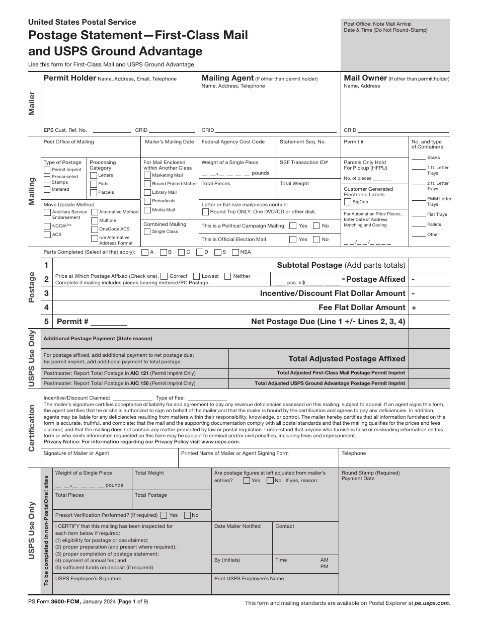 PS Form 3600-FCM Download Printable PDF or Fill Online Postage ...