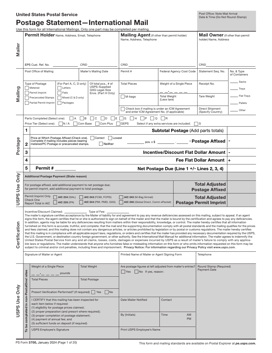 PS Form 3700 Download Printable PDF or Fill Online Postage Statement ...