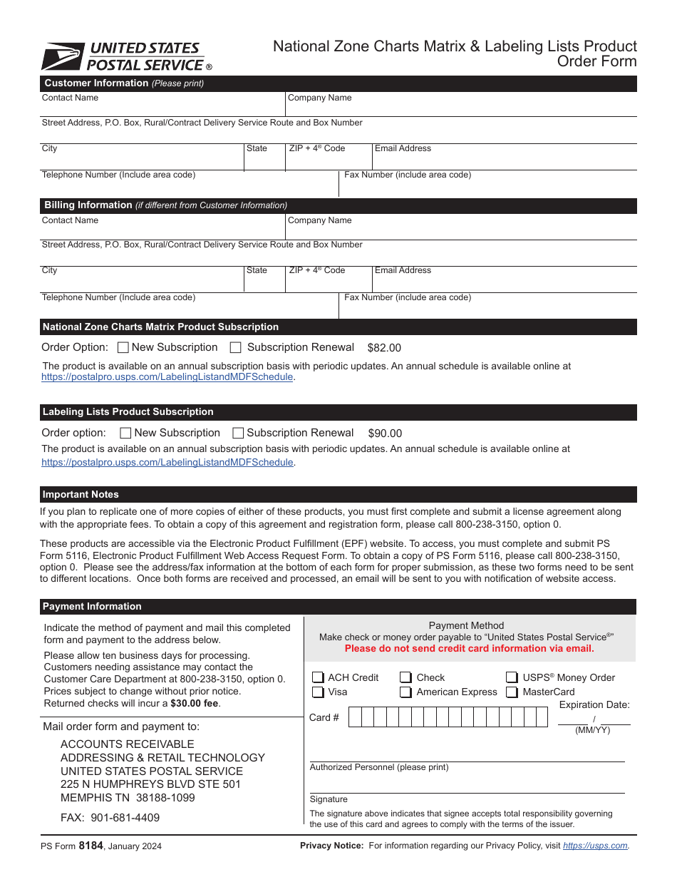 PS Form 8184 Download Printable PDF or Fill Online National Zone Charts ...