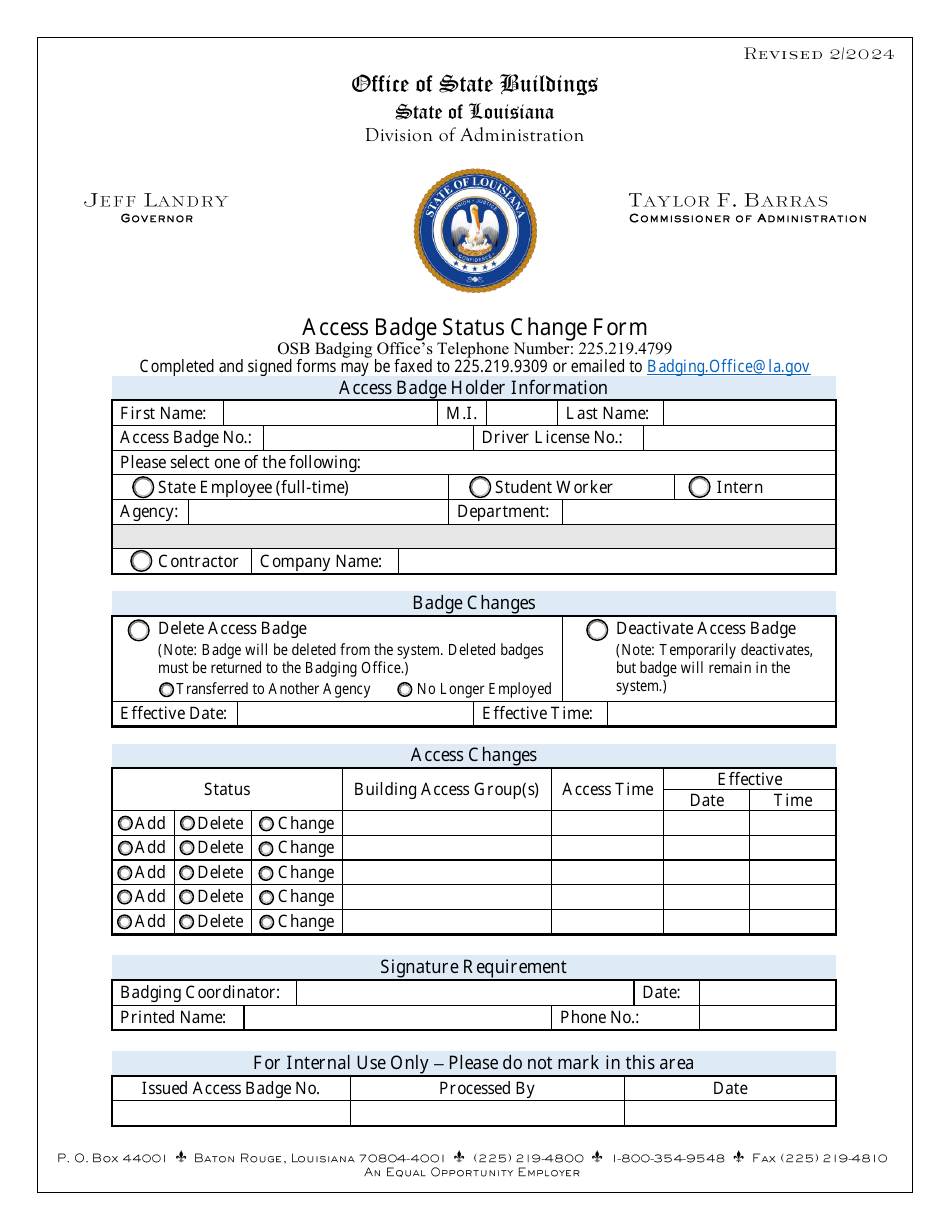Louisiana Access Badge Status Change Form Download Fillable PDF ...