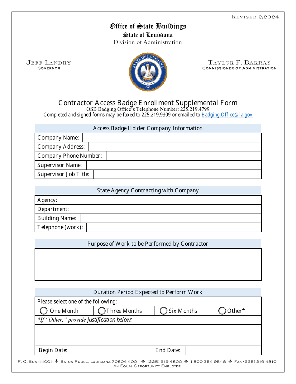 Louisiana Contractor Access Badge Enrollment Supplemental Form Download ...